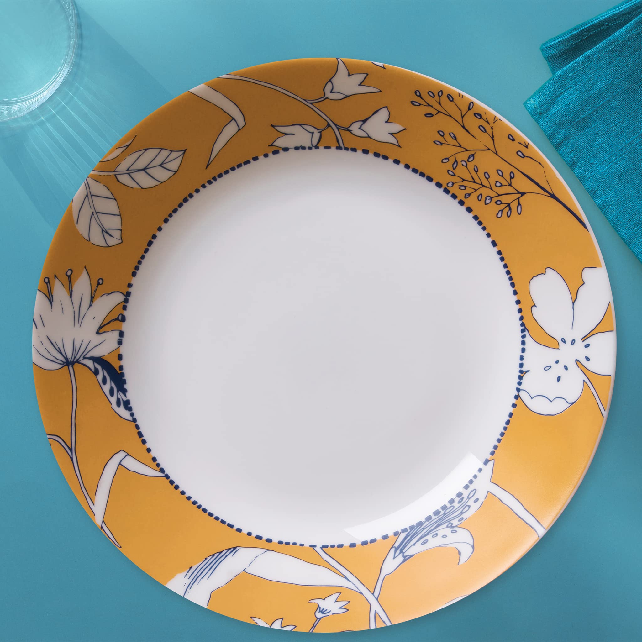 Corelle MilkGlass 4-Piece (23 Oz) 8.5" Pasta Bowl Plate Set, Higher Rimmed Glass Dinnerware For Pasta Salad Meal, Azure Medallion, 1 Count (Pack of 4)