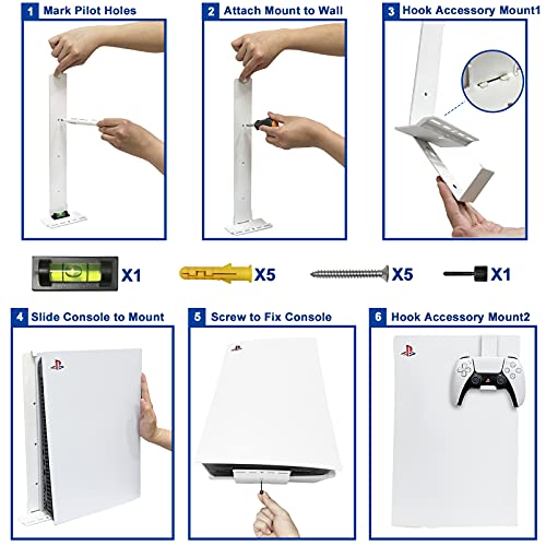PS5 Wall Mount for Playstation 5 Disc Edition and Digital Edition (Mount The Console on Wall Near or Behind TV with Invisible Design), Including 2 Accessories Holders for Controller & Headset (White)