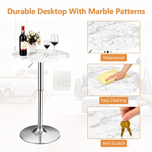 TUOCHUFUN Round Cocktail Bistro High Table with Black Top and Base,360° Swivel Cocktail Pub Table with Sliver Leg for Home, Bar Table (White)