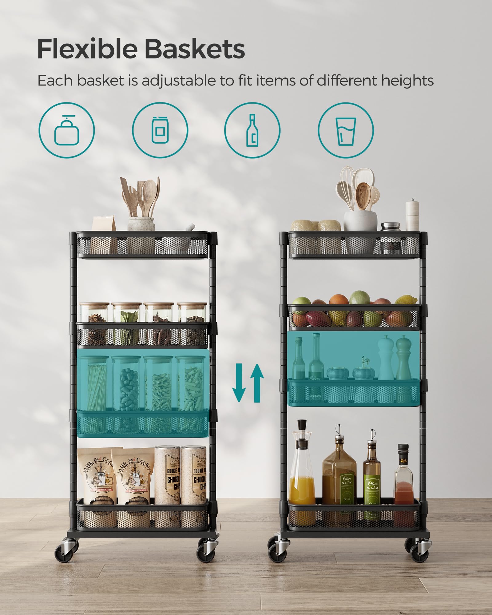 SONGMICS Slim Storage Cart, 4-Tier Metal Rolling Cart with Wheels, Flexible Baskets, Narrow Cart for Kitchen, Bathroom, Laundry Room, Easy Assembly, Black UBSC065B01