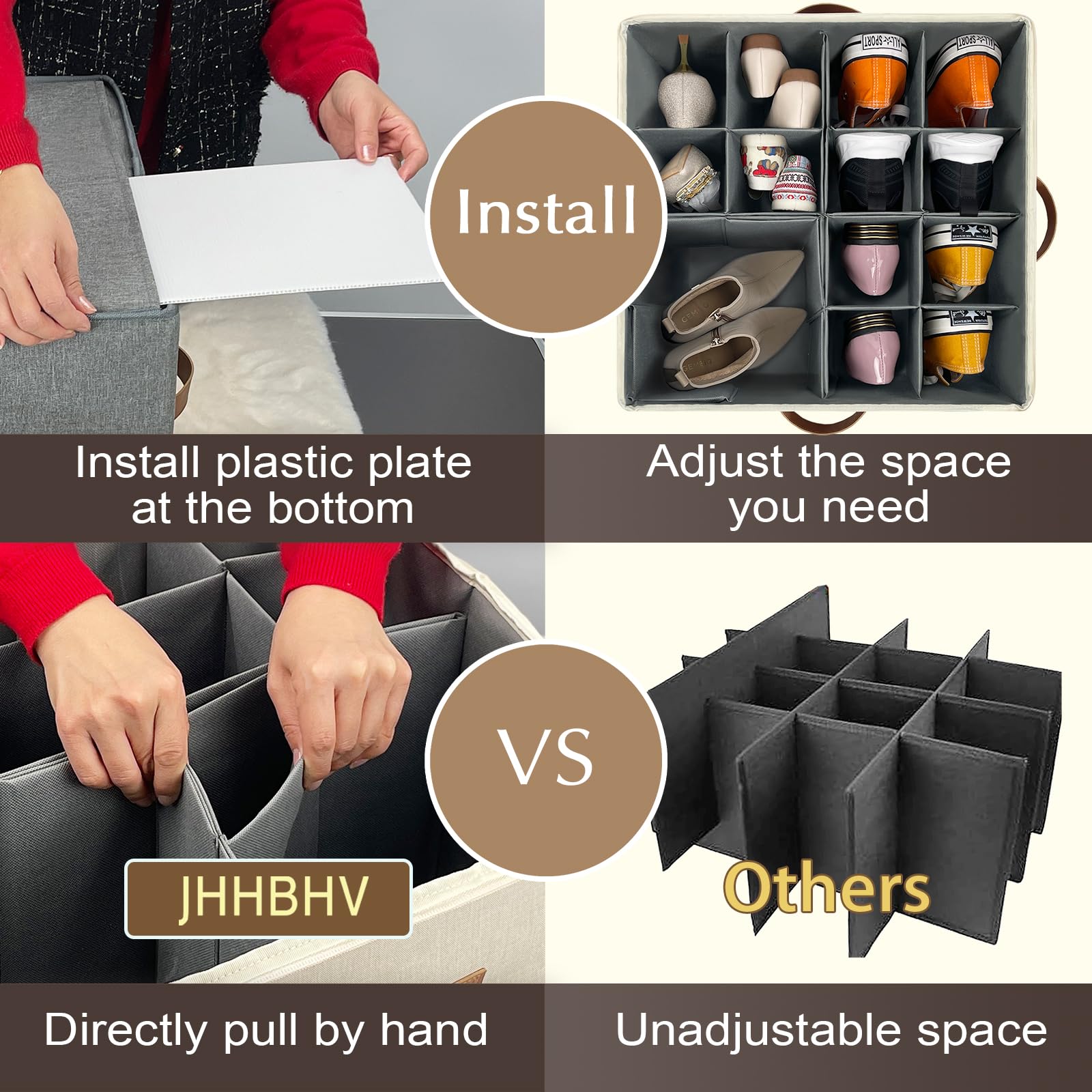 LZOTIC Shoe Organizer for Closet, Adjustable Shoe Box Storage Containers, Large Foldable Shoe Storage Bins with Clear Cover, Space Saving Shoes Holder with 4 Handles, Fits 8-16 Pairs, 1 Pack, Beige