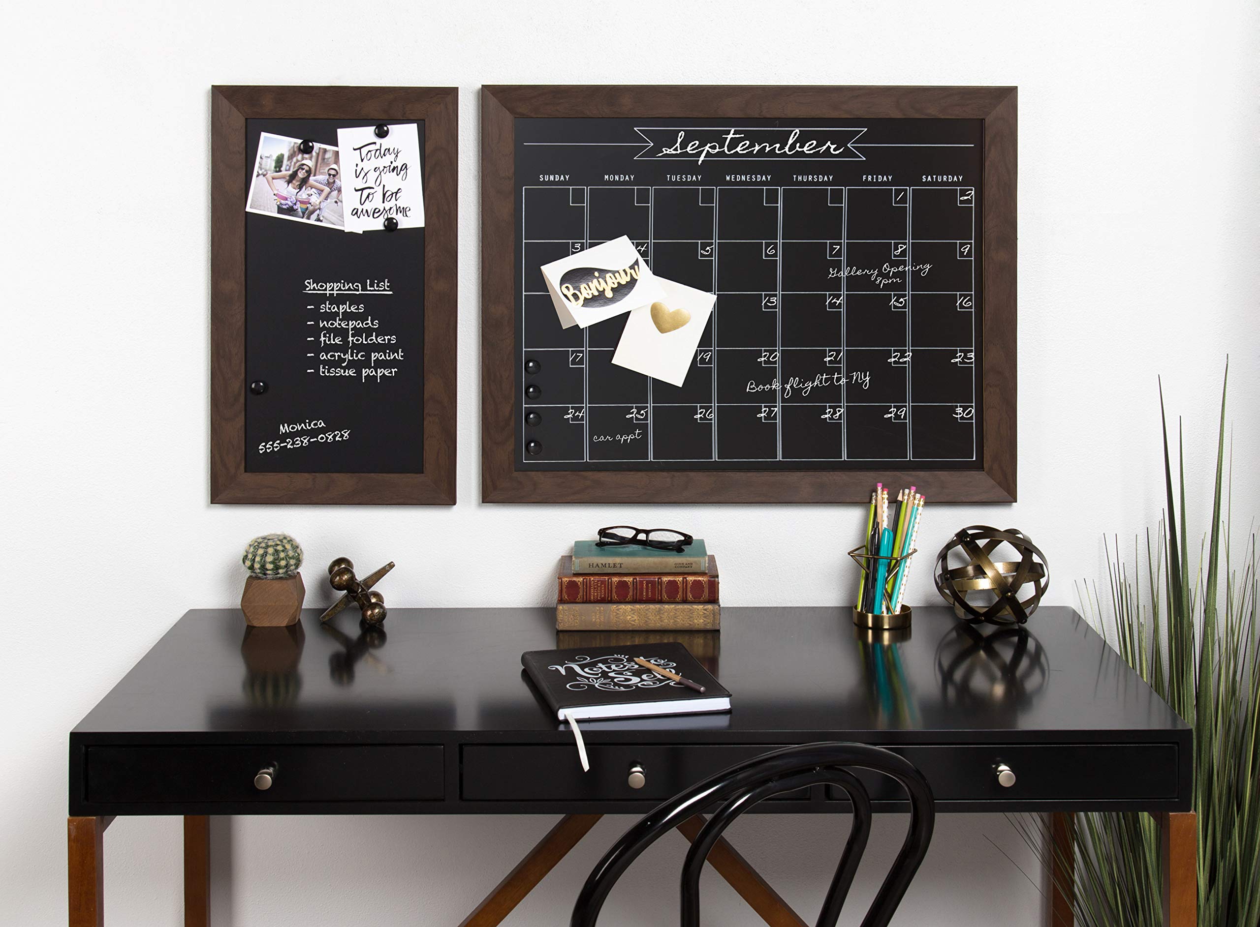 DesignOvation Beatrice Framed Magnetic Chalkboard Monthly Calendar, 23x29, Walnut Brown