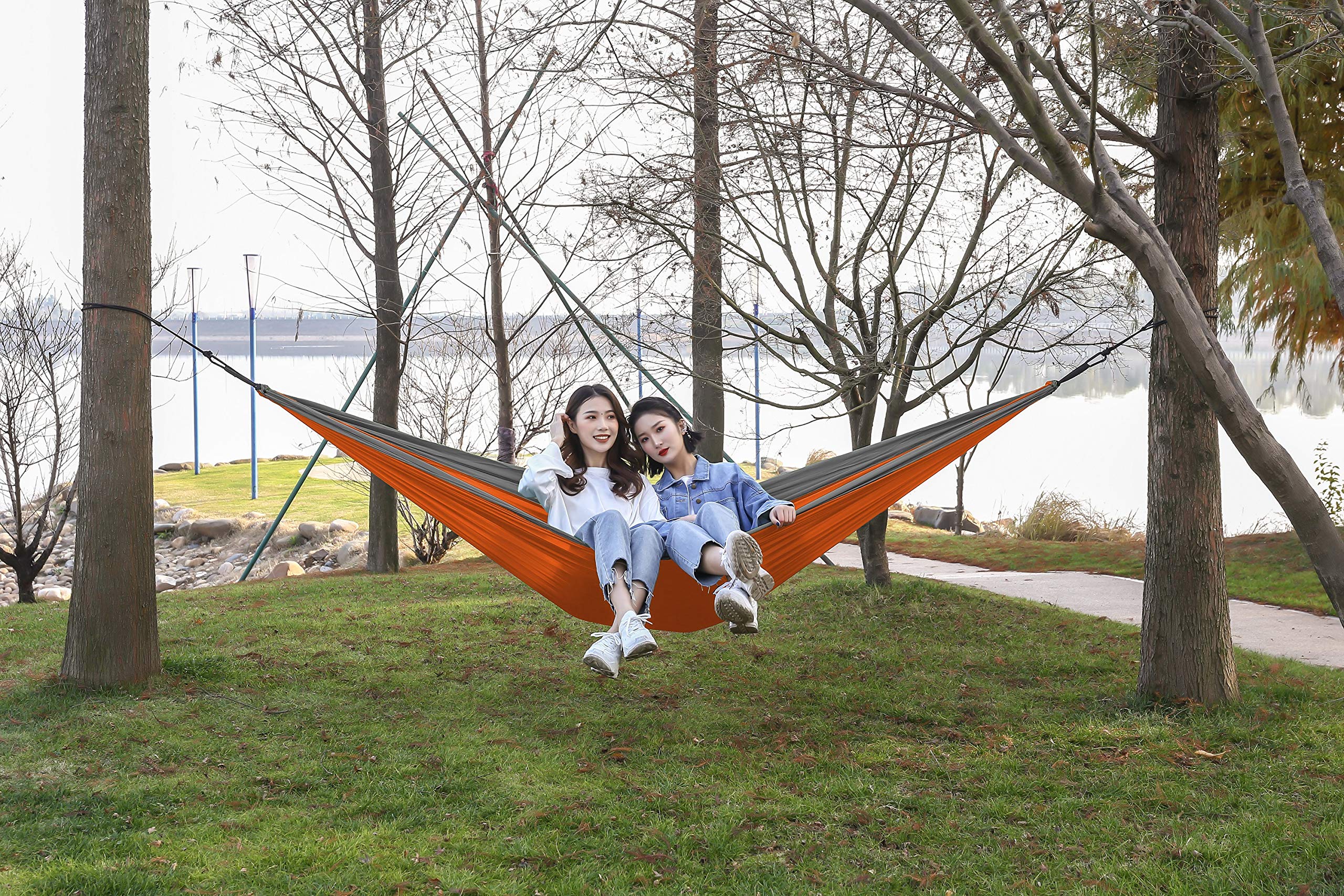 Double Camping Hammock Lightweight Parachute Nylon | Portable Hammocks with Tree Straps | Hammock 2 Person Heavy Duty | Hammock Backpacking for Camping, Backyard, Hiking, Beach (Orange & Gray)