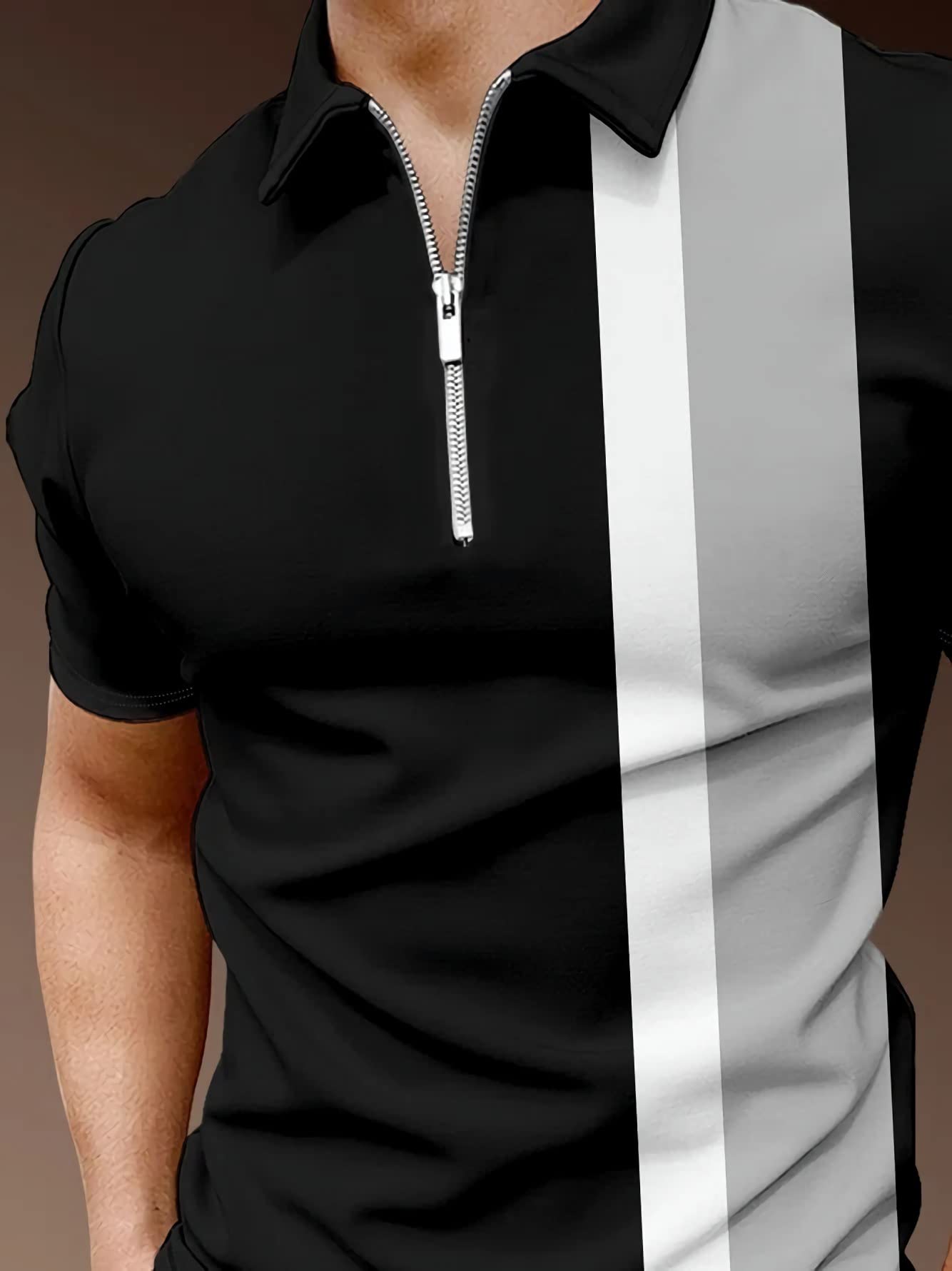 Ecosunny Men's Classic Polo Shirts Long Sleeve Striped Printed Zipper Casual Slim Fit Athletic Golf Shirts