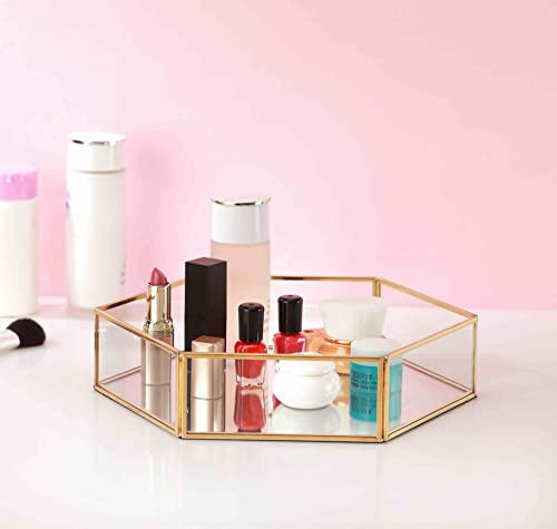 PinkBoss Glass Makeup Tray Handmade Perfum Mirror Storage for Vanity (Gold)