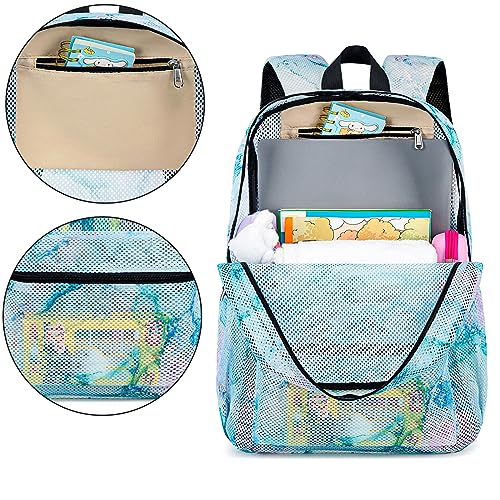 LEDAOU Mesh Backpack for Kids Girls Semi-Transparent Mesh School Backpack Bookbag Lightweight Casual Daypacks for Beach Gym(Marble Purple Blue Green)