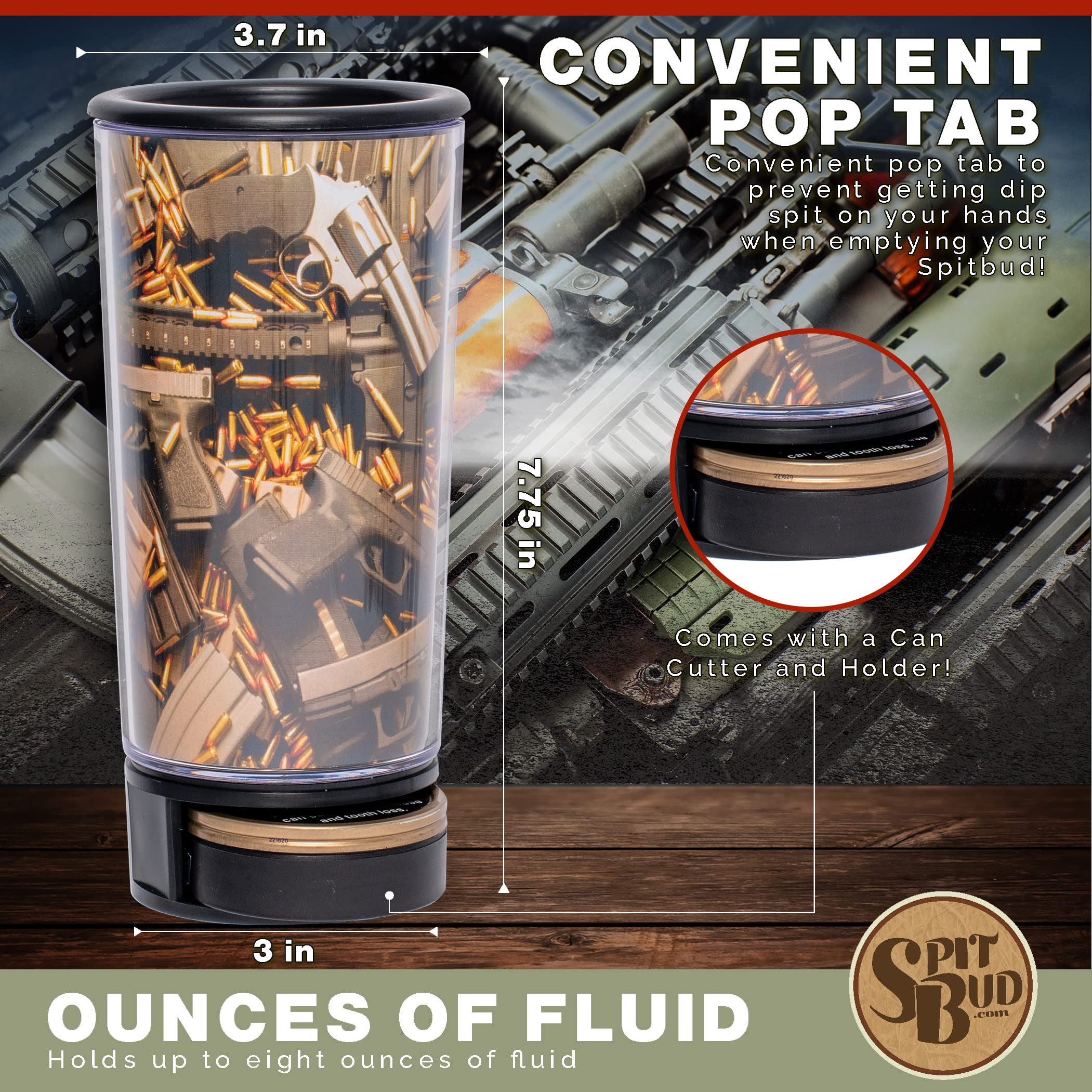 Guns and Ammo by Spit Bud - The Ultimate Spittoon for Chew - Portable Dip & Snuff Cup with Lid, Pop Tab, Spill-Proof Funnel, Can Cutter & Holder - Fit in Cup Holders - Holds 8oz - Made in USA