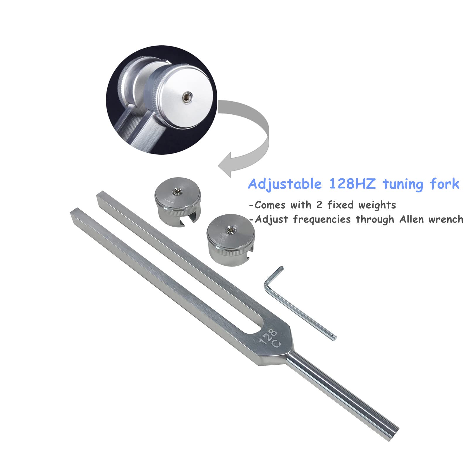 Craymin 128 Hz Tuning Fork with Silicone Hammer, Repair Tool and Cleaning Cloth Packed in Soft Zipper Velvet Bag (Siver)