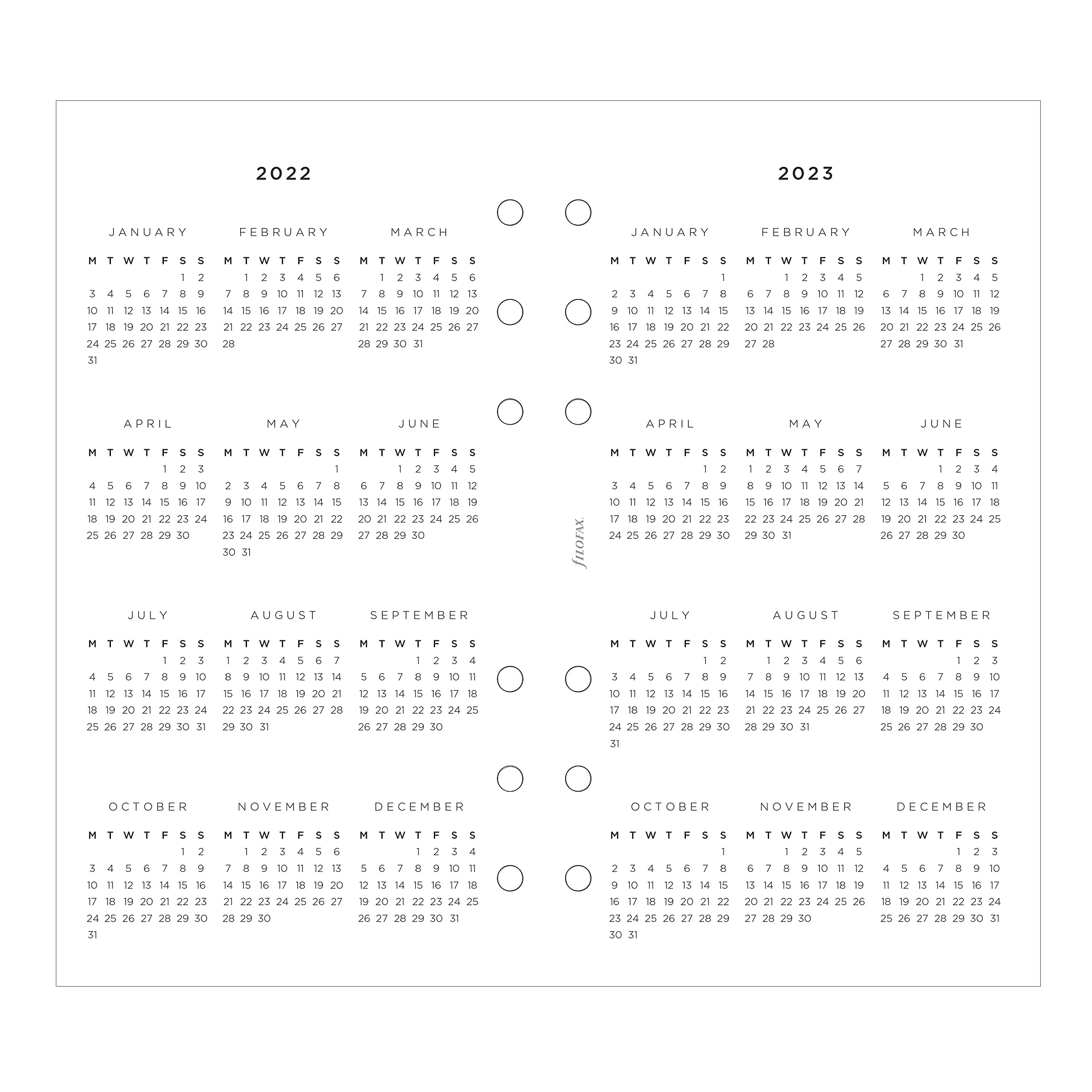 Filofax Refill, Personal/Compact Size, Week-to-View, Minimal Diary Pack, White Paper, Multilingual: Five Languages, 2022 (C68490-22)