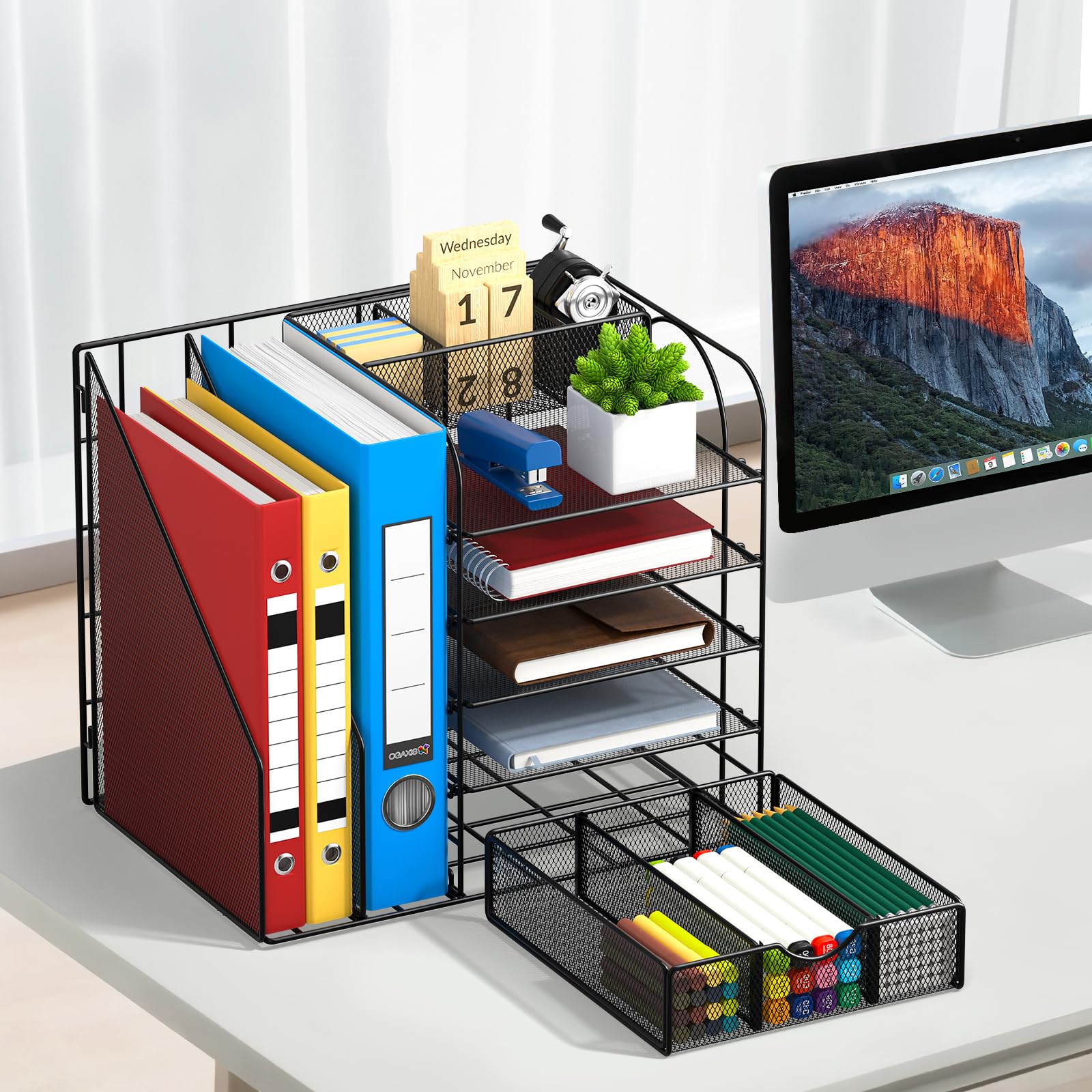 Desk Organizers and Accessories - 5-Tier Desk Organizer Office Supplies with File Holder, Sliding Drawers & Pen Holder, Desktop File Organizer and Storage for Office, School, Home