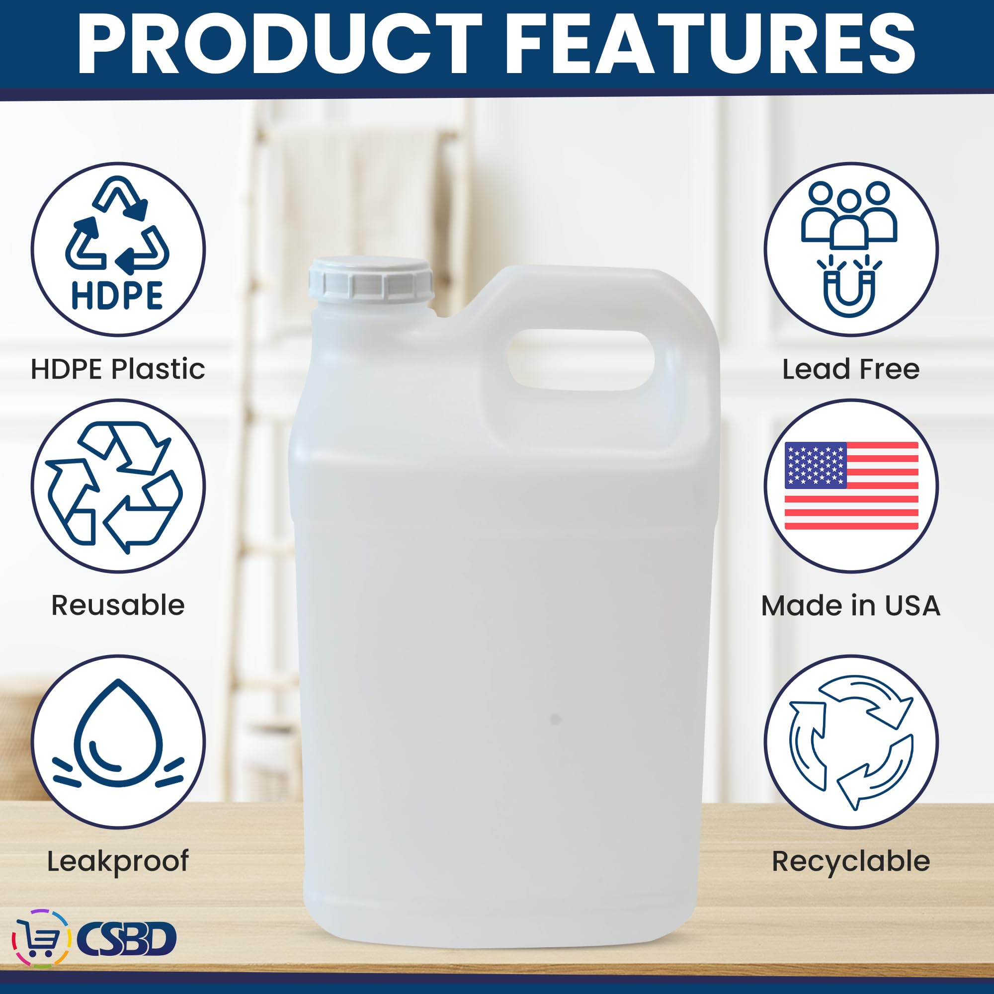 CSBD F-Style Plastic Jug with Child Resistant Lid, Storage Containers with Ergonomic Handle, HDPE Construction for Residential or Commercial Use (2.5 Gallon, Natural)