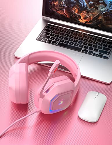 ZIUMIER Z30 Pink Gaming Headset for PS4, PS5, Xbox One, PC, Wired Over-Ear Headphone with Noise Canceling Microphone, LED Flowing RGB Light, 7.1 Surround Sound,Comfortable Earmuffs