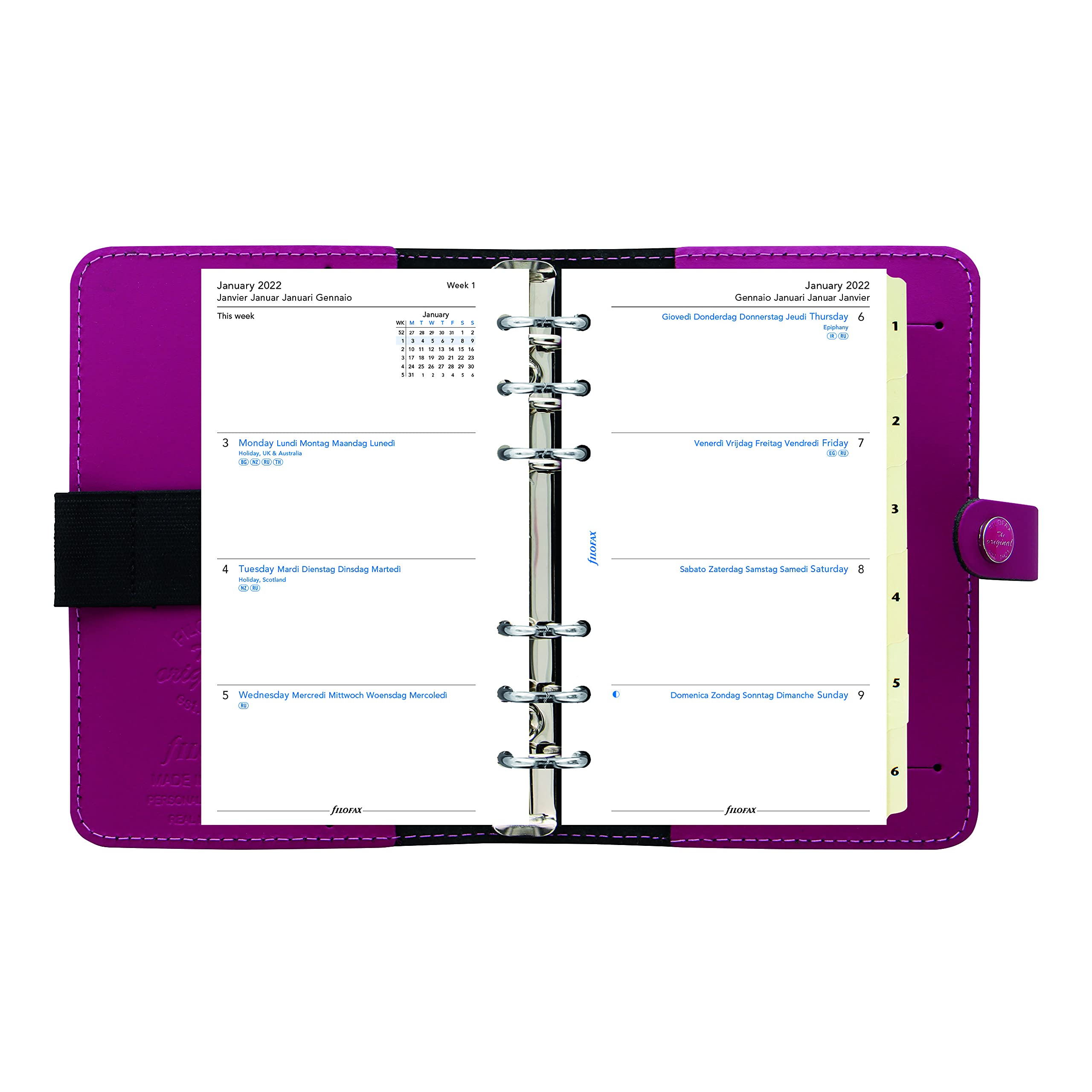 Filofax The Original Organizer, Personal Size, Raspberry - Leather, Six Rings, Week-to-View Calendar Diary, Multilingual, 2022 (C026088-22)