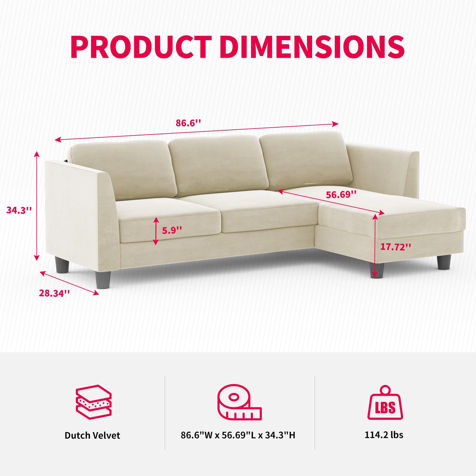 MUZZ 87'' Modern L-Shaped Sofa,Velvet Oversize Sectional Sofa with High-Density Sponge,Sectional Couch Sofa with Reversible Chaise for Couches for Living Room, Apartment,Beige