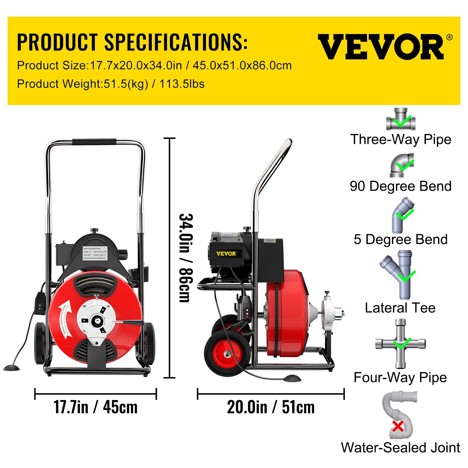 VEVOR Drain Cleaner Machine 100ftx1/2in Electric Drain Auger 550W Sewer Snake Drill Machine, fit 1 Inch (25mm) to 4 Inch(100mm) Pipes, w/Wheels, Cutters, Foot Switch