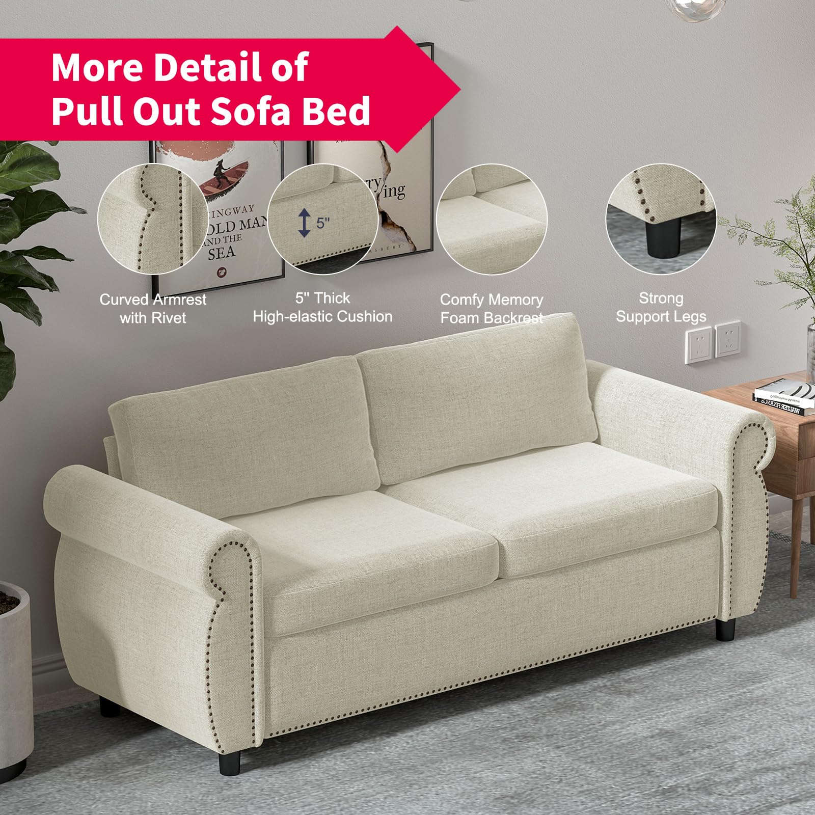 MUZZ Pull Out Sofa Bed, Full Sleeper Sofa Couch with 4" Thick Memory Foam Mattress, Modern Linen Sectional Loveseat with Rivet Decoration, Pull Out Couch for Living Room,Office(Grey,Full)