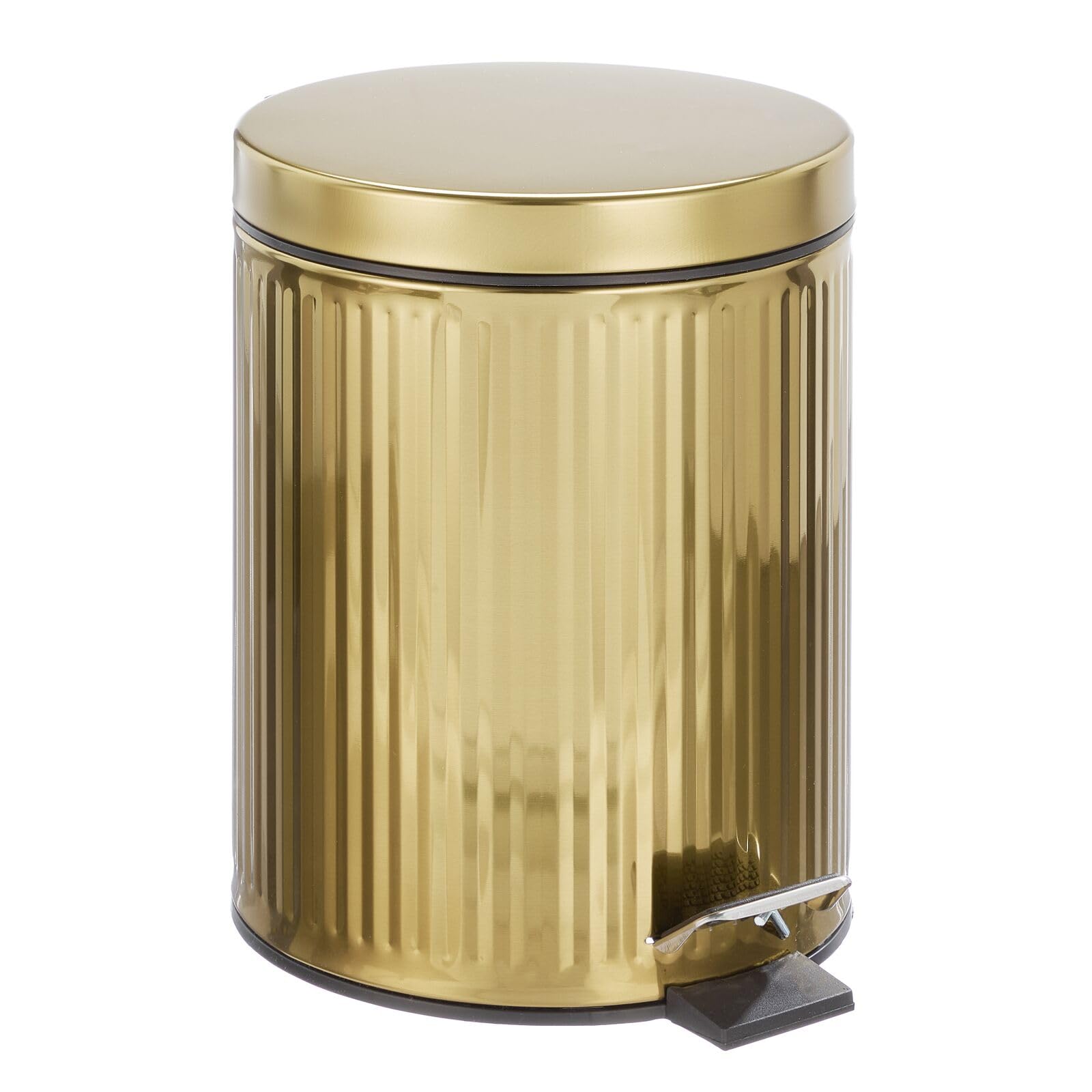 mDesign Small Modern Fluted 5 Liter/1.3 Gallon Round Metal Lidded Step Trash Can, Compact Garbage Bin with Removable Liner Bucket and Handle for Bathroom, Kitchen, Craft Room, Office - Brass