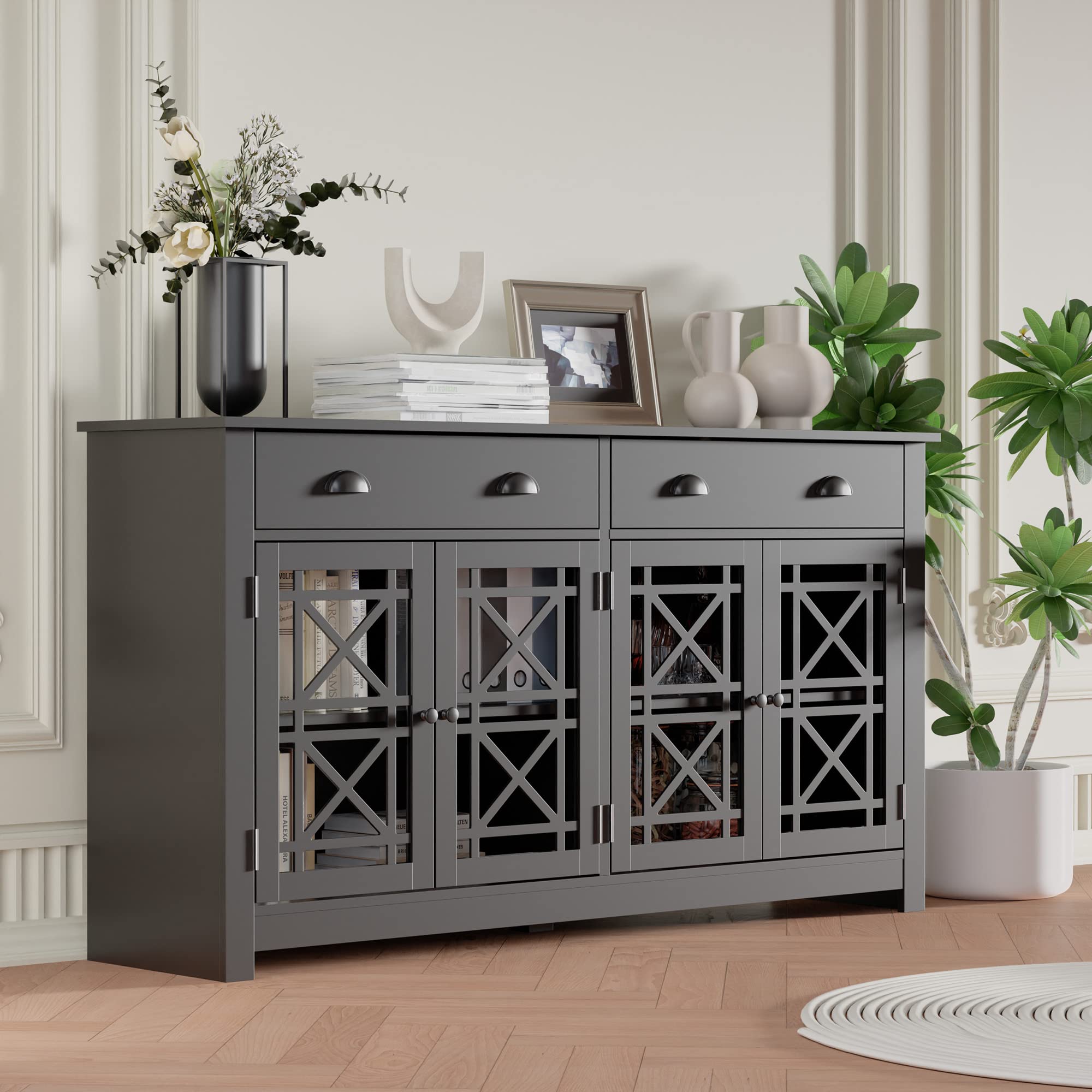 Cozy Castle Modern Buffet Cabinet with Drawers, Wood Sideboard Buffet Cabinet with 4 Acrylic Glass Doors, Freestanding Bar Cabinet, White