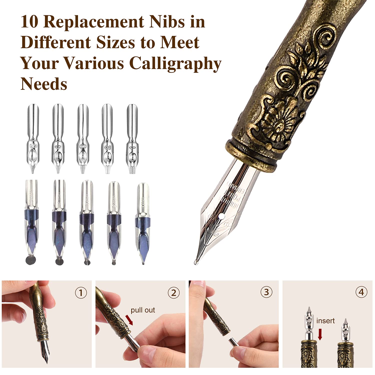 Eptbsdu Antique Calligraphy Feather Pen Quill Pen and Ink Set Beginners Animal Feather Dip Pen with 10 Replacement Nibs Ink & Pen Holder for Writing Drawing Signature