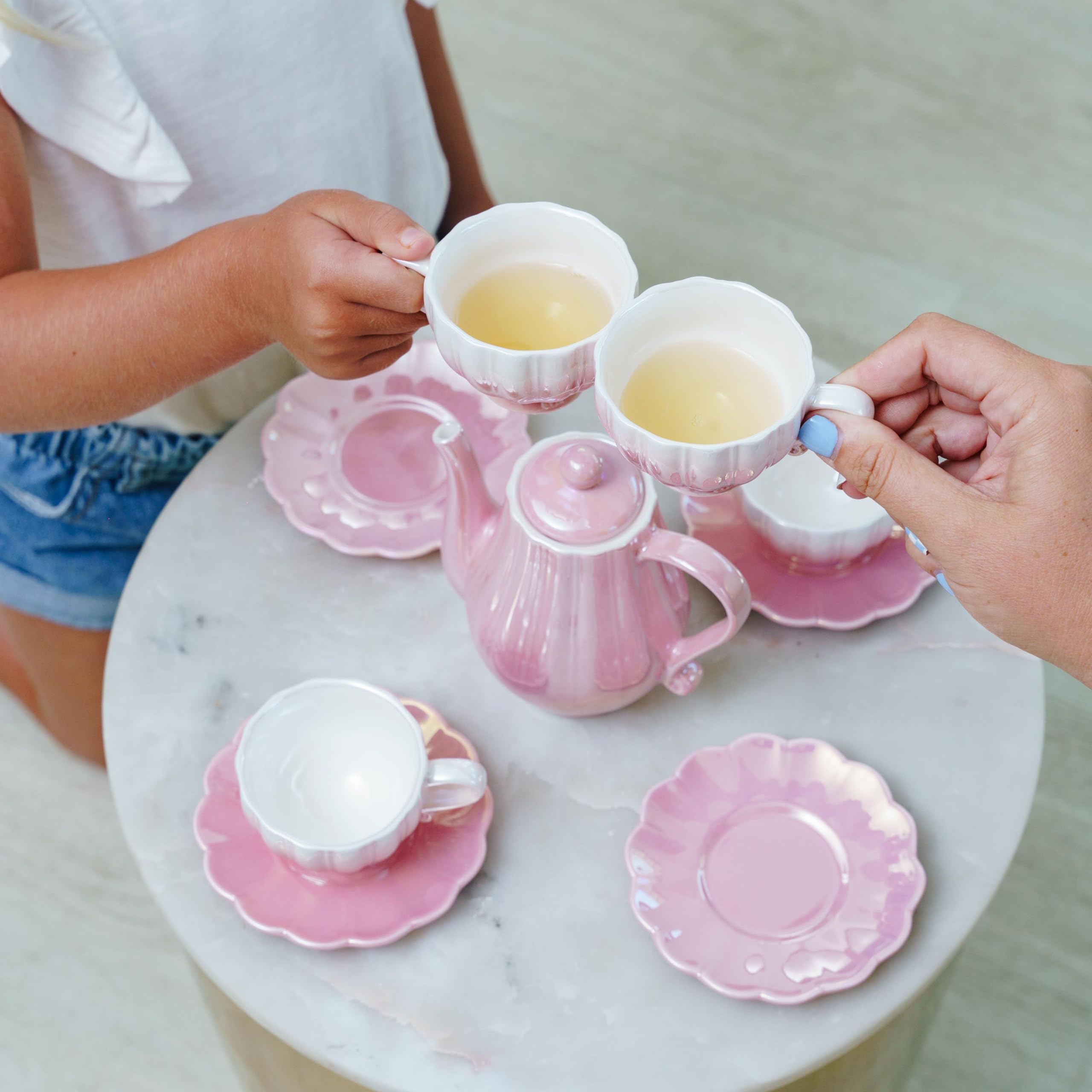 Dream Studio Ceramic Tea Party Set [2023 Amazon Exclusive] 9-Piece Pretend Set, Teapot 4 Cups & 4 Saucers, Hand-Painted Glaze, Safe BPA-Free & Non-Toxic, Imagination Play Activity Toy for Girls & Boys