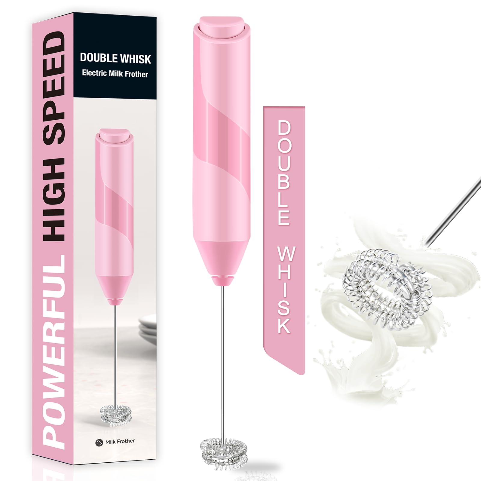 Double Whisk Milk Frother, Handheld Electric Blender stick, Drink Mixer with Food Grade Stainless Steel Stirrer, Battery Operated Foam Maker for Coffee, Cappuccino, Matcha,Hot Chocolate Latte, in Pink