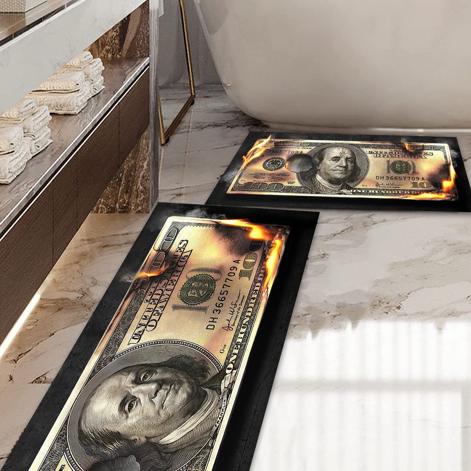 DVKKHD Money Kitchen Rugs Washable Burning 100 Dollar Bill Bathroom Rug Set 2 Piece Modern Kitchen Mats for Floor Non Skid Entryway Rug for Bedroom Home Decor Carpet Runner 17.7βx29.5β+17.7βx59β