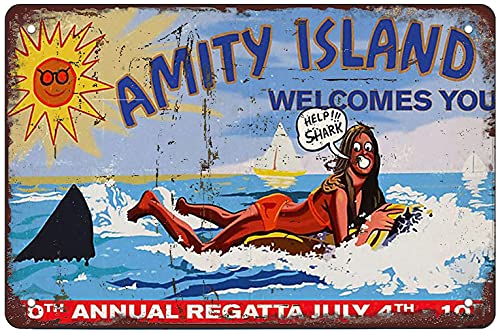Rosefinch Stone Retro Funny Metal Sign Sheet Signs Tin Sign,Welcome to Amity Island,surf Girl Outdoor Home Wall Decoration, Size:8 x 12