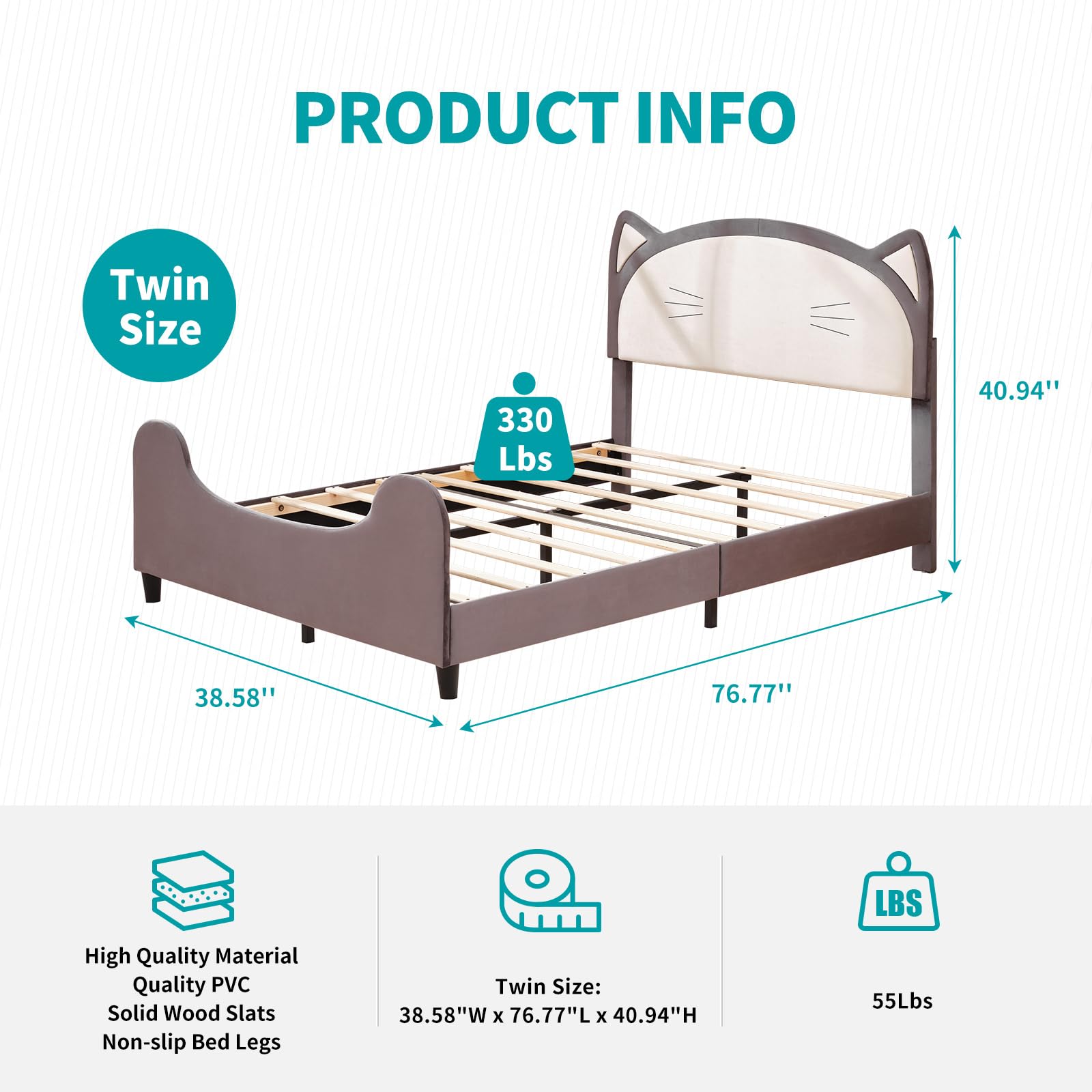MUZZ Twin Kid Bed Frame,Velvet Bed Frame with Cat Ears Headboard, Upholstered Kids Bed Platform with Sturdy Slats Support,No Box Spring Needed,Bedroom Use(Twin/Cat)