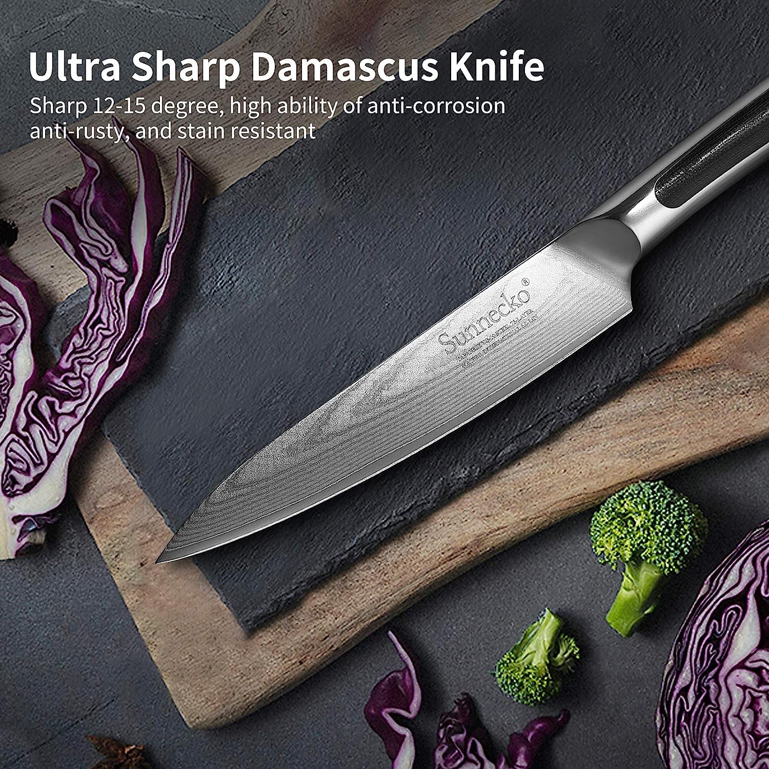 Sunnecko Utility Knife 5 Inch, Paring Knife Damascus Steel VG-10 Blade Fruit Knife, Small Kitchen Knife with G10 Inlaid Handle Peeling Knife Perfect for Cutting Fruit Vegetables Petty Knife Gift Box
