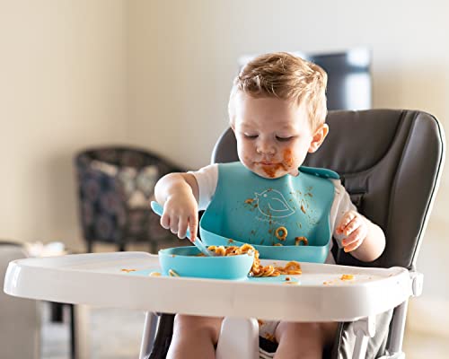 Silicone Bowl and Silicone Plate Easily Wipe Clean! Self Feeding Set Reduces Spills! Spend Less Time Cleaning after Meals with a Baby or Toddler! Set Includes 2 Colors (Lime Green / Turquoise)