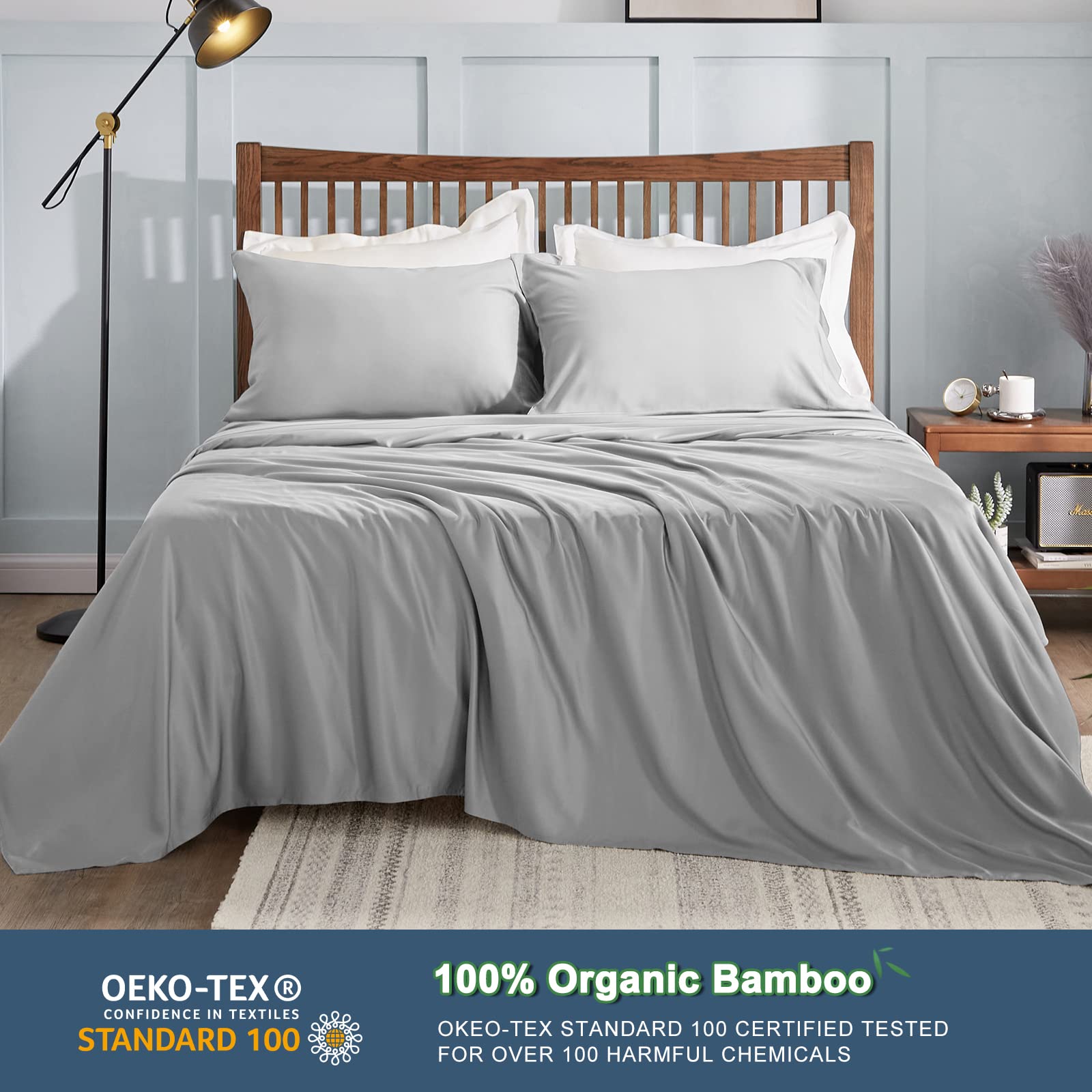 CozyLux Cooling Sheets King Size, Rayon Derived from Bamboo, Oeko-TEX Certified Luxuriously Soft & Silky Sheet Set - 16" Deep Pockets 4 Piece Bedding Sheets & Pillowcases,Light Grey