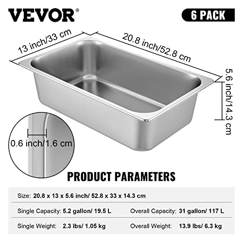 WWDOLL Hotel Pan 6“ Deep Steam Table Pan Full Size 21 Quart Pack of 6 Stainless Steel Steam Table Pan