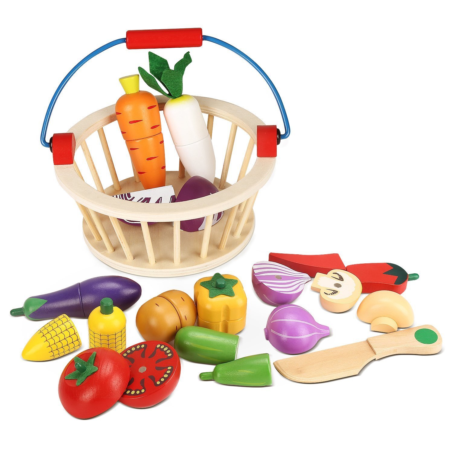 Victostar Magnetic Wooden Cutting Fruits Vegetables Food Play Toy Set with Basket for Kids