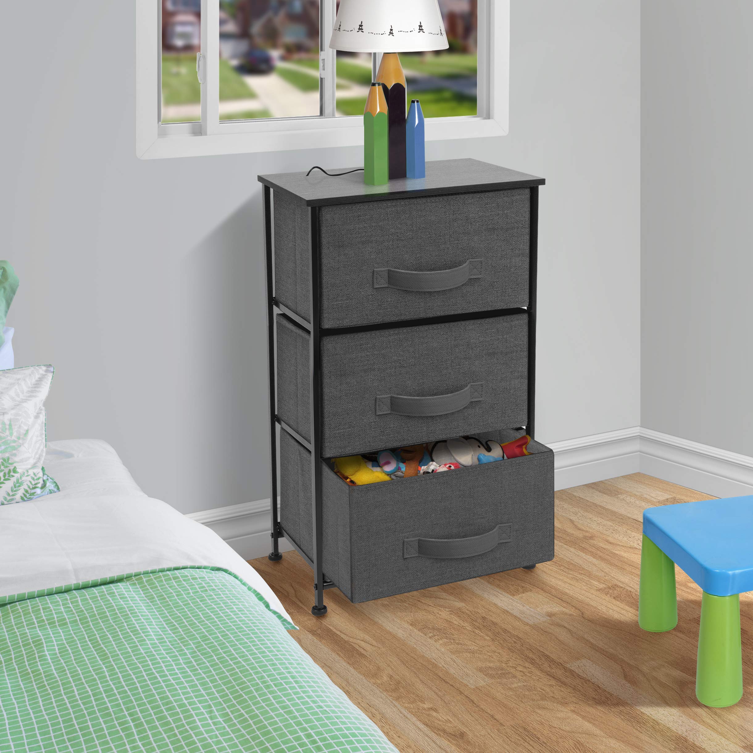 Sorbus Nightstand with 3 Drawers - Bedside Furniture & Night Stand End Table Dresser with Steel Frame, Wood Top, Easy Pull Fabric Bins for Home, Bedroom Accessories, Office & Dorm