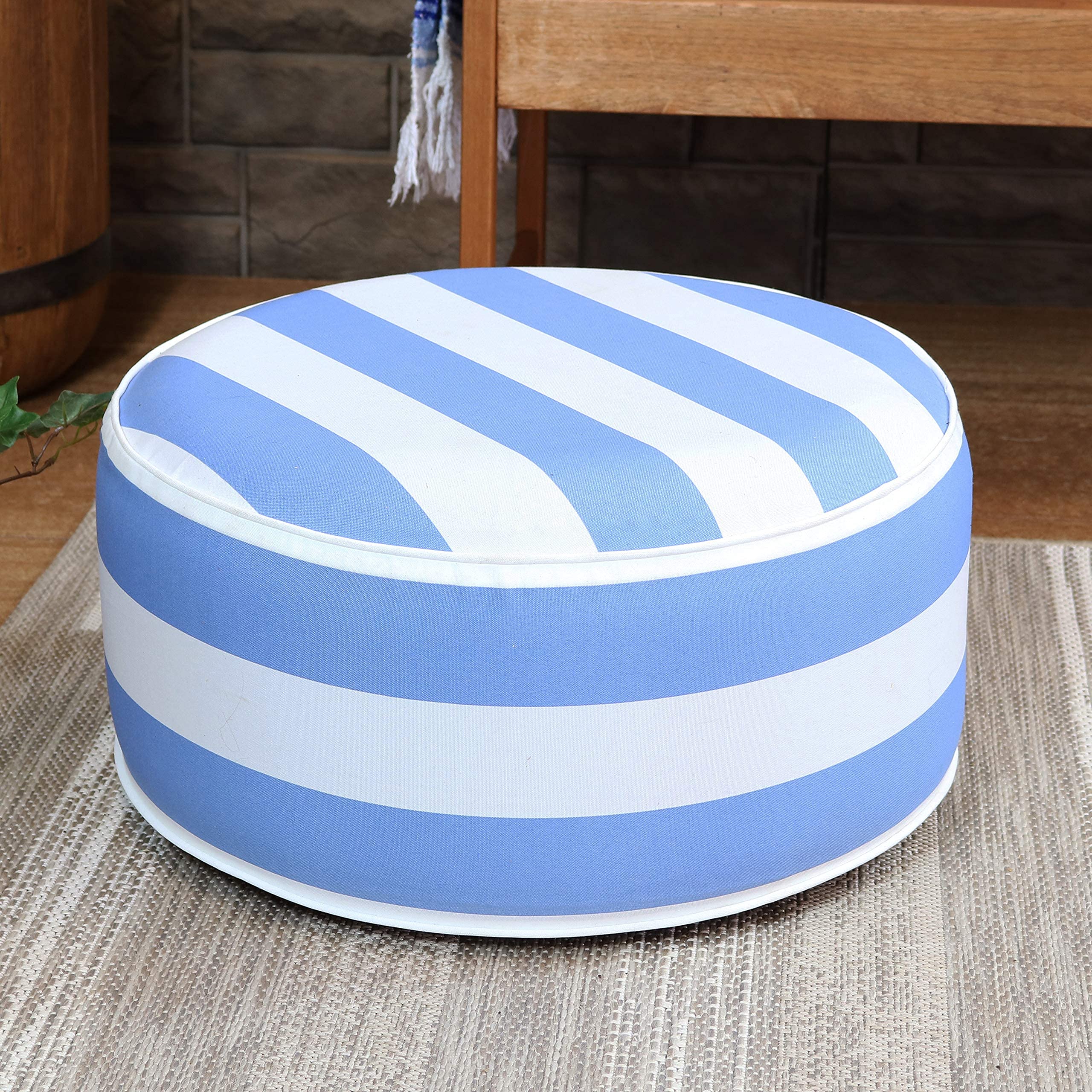 Sunnydaze 17-Inch Square Beach-Bound Stripe Indoor and Outdoor Decorative Throw Pillows Set of 2 with Zipper Closures and Inserts and Indoor and Outdoor Inflatable Ottoman Bundle