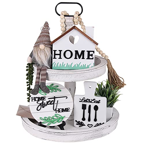 Two Tiered Tray Decor Farmhouse Decor Tiered Tray, Wooden Decorative Tray Decor with Gonme Plush and Beasd Home Decoration Countertop for Summer Monther Day Halloween Thanksgiving Christmas Decors