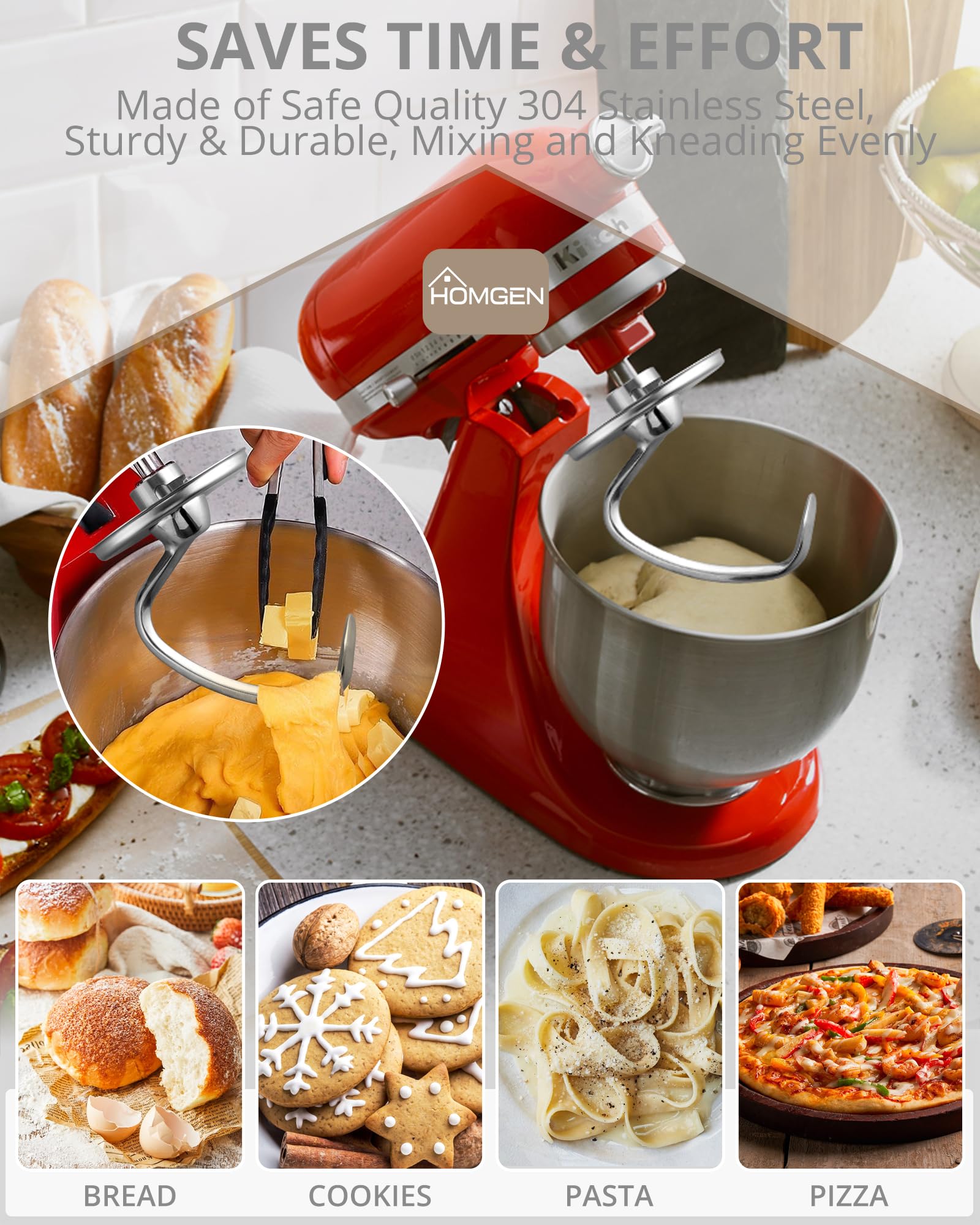 Dough Hook for Kitchenaid Mixer, HOMGEN Original Stainless Steel Spiral Dough Hook Attachment Fit for 4.5-5 QT Bowl Tilt-Head Stand Mixers Rustproof Bread Dough Hook Attachment Support Dishwasher Safe