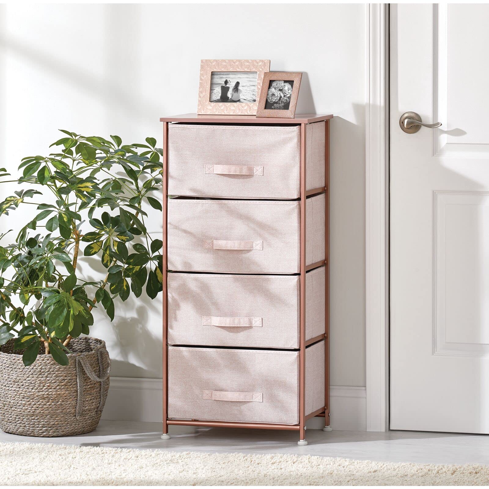 mDesign Tall Dresser Storage Tower Stand with 4 Removable Fabric Drawers - Steel Frame, Wood Top Organizer for Bedroom, Entryway, Closet - Lido Collection - Light Pink/Rose Gold