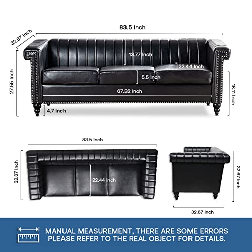 KUVENQIW Black Couches for Living Room Faux Leather Sofa Classic Large 3 Seater Couch Mid Century Modern Couch Deep Stripe Tufted Sofa for Bedroom, Office, Apartment.(Black)