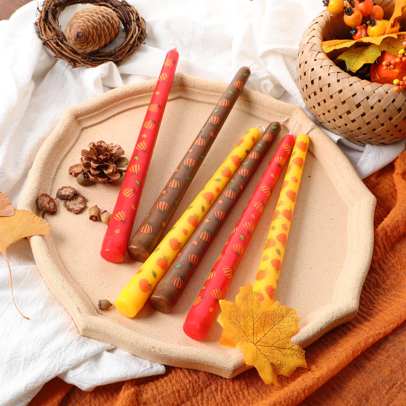 Thanksgiving Taper Candles 10 Inch Decorative Candles Set of 6 Unscented Fall Pumpkin Maple Leaves Candlesticks Thanksgiving Dinner Table Decorations Friendsgiving Hostess Gift Idea Home Decor