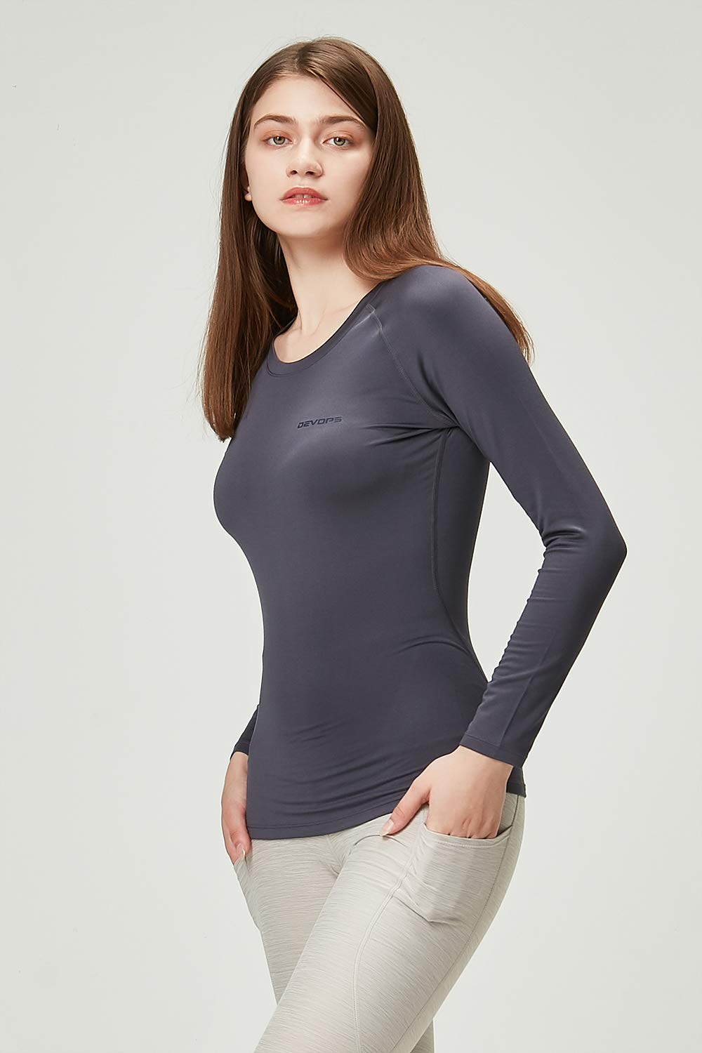DEVOPS Women's 2 Pack Thermal Long Sleeve Shirts Compression Baselayer Tops (X-Large, Charcoal/Light Grey)