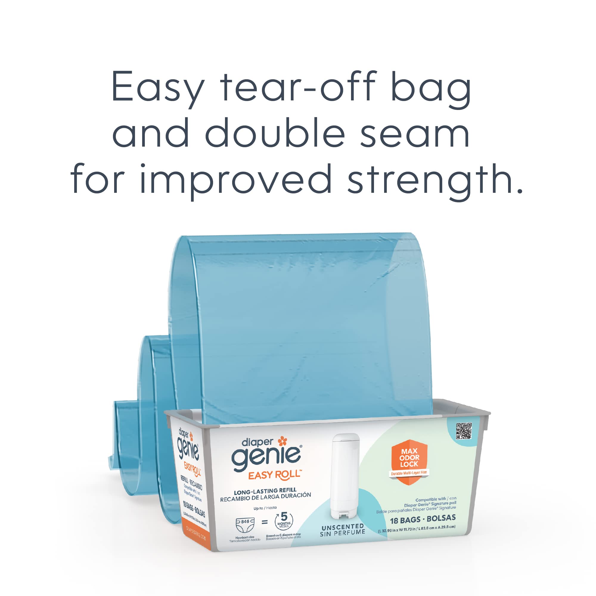 Diaper Genie Easy Roll Refill with 18 Bags | Lasts Up to 5 Months or Holds Up to 846 Newborn Diapers Per Refill