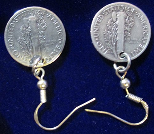 Mercury Dime (900 Silver) Earings with 925 Sterling Silver Earrings Hook Coil Ear Wires & Gift Bag