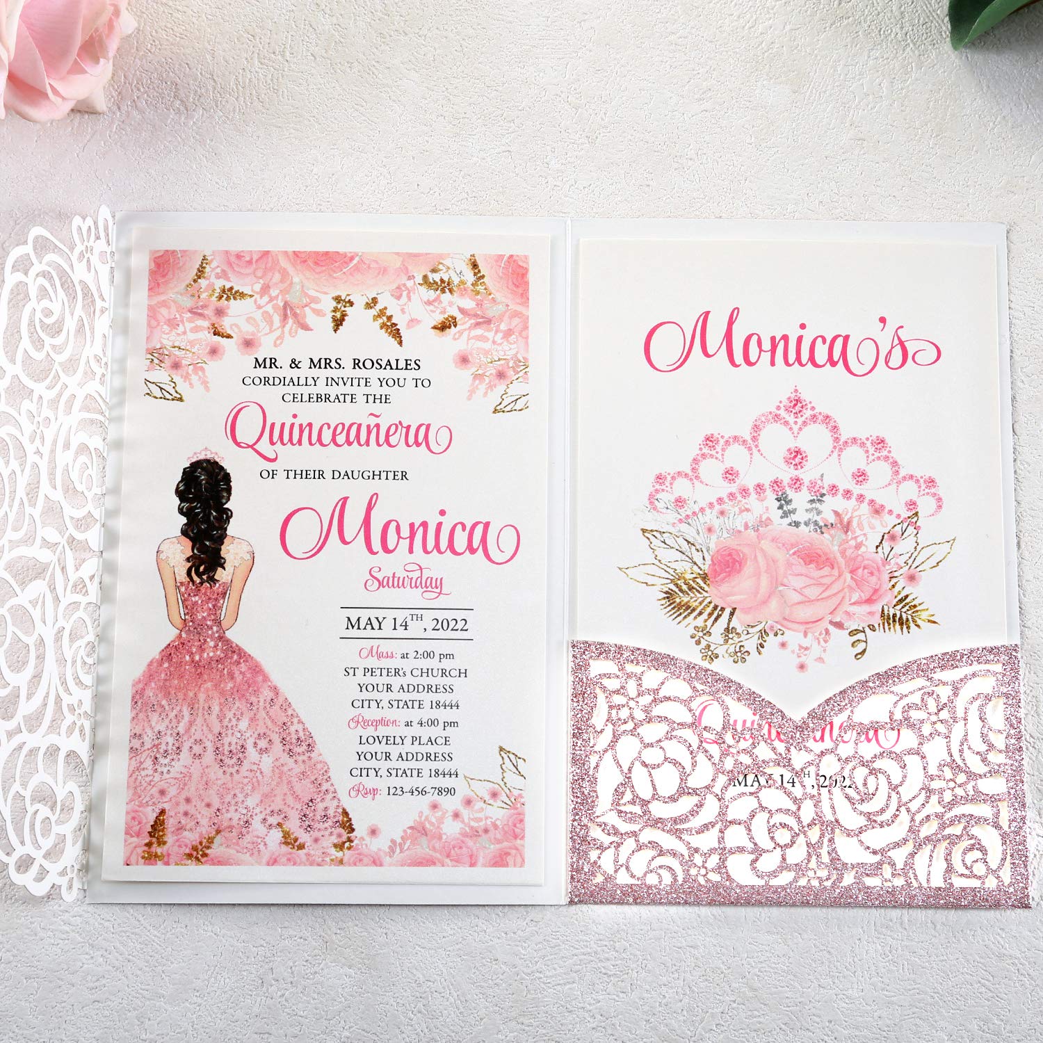 DreamBuilt 4.7x7 inch 50PCS Blank Rose Gold Glitter Quinceanera Invitations Kit, Laser Cut Hollow Rose Quinceanera Invitation Cards with Envelopes