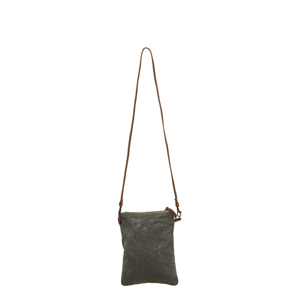 Vintage LeafedCross Body Bag, Two Toned, Stamped Canvas and Leather , Printed lining, pockets for storage, Brown, Small