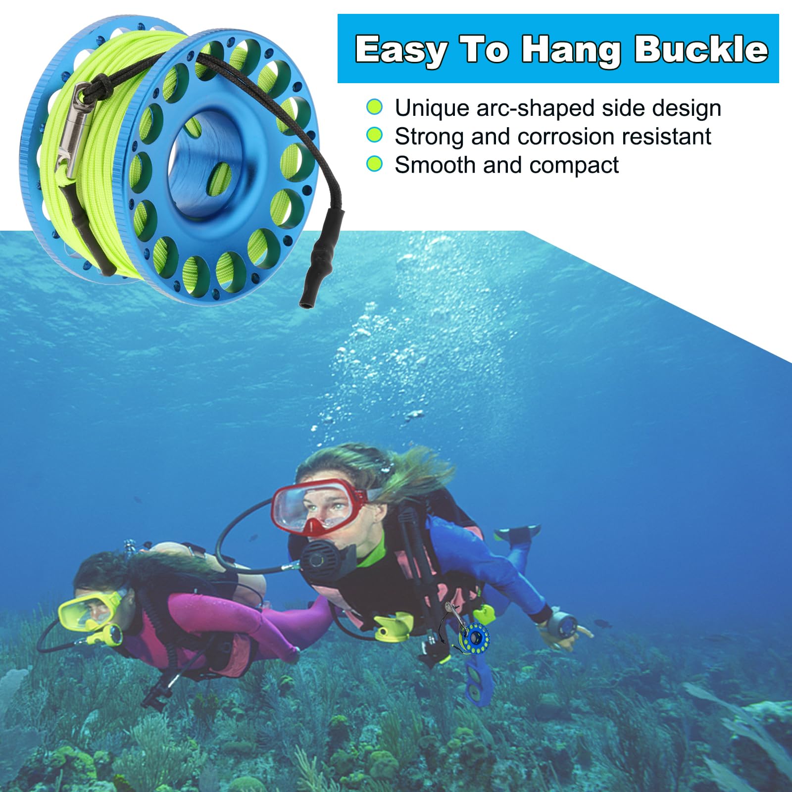 Finger Reel Diving, Aluminum Scuba Gear with 98FT High Visibility Line with Double-Ended Bolt Snap Clip for Scuba Diving Underwater Spearfishing Lightweight & Corrosion-Resistant, Blue