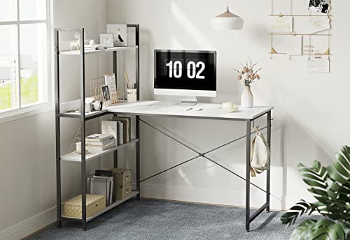 CubiCubi Computer Corner Desk with Storage Shelves, 55 Inch Reversible Small L Shaped Computer Desk, Home Office Writing Desk with 2 Hooks, White