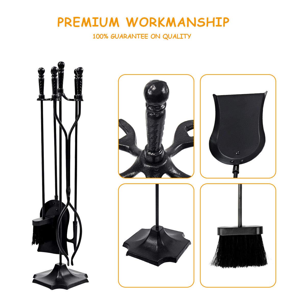 Tangkula 32 inch Fireplace Set 5 Piece Rustic Heavy Duty Compact Wrought Iron Fire Place Tool Set with Pedestal Place, Hearth Tool