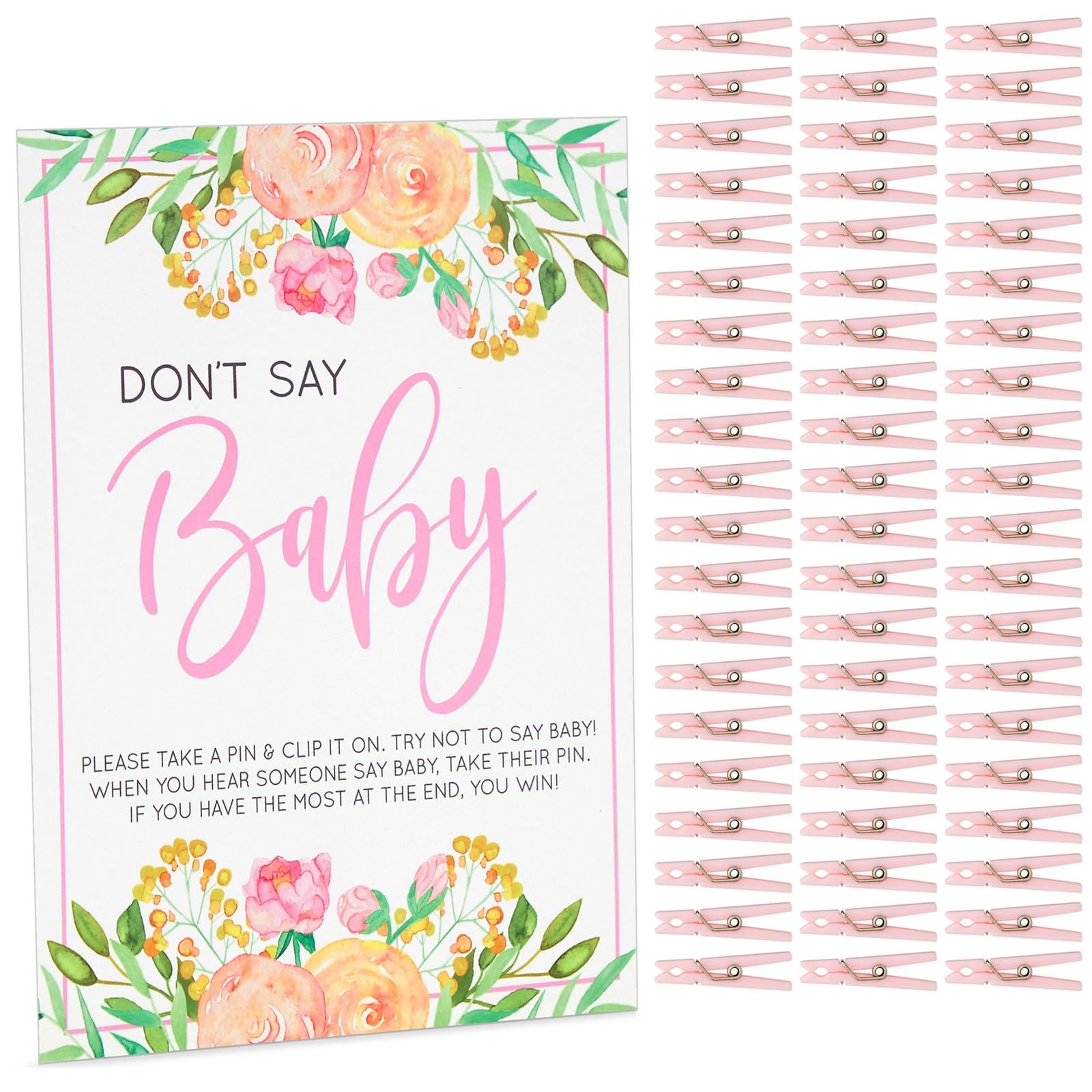 Sparkle and Bash Floral Baby Shower Clothespin Game For Girl, Don't Say Baby Theme with 60 Pink Clothes Pins and 8x10-Inch Sign