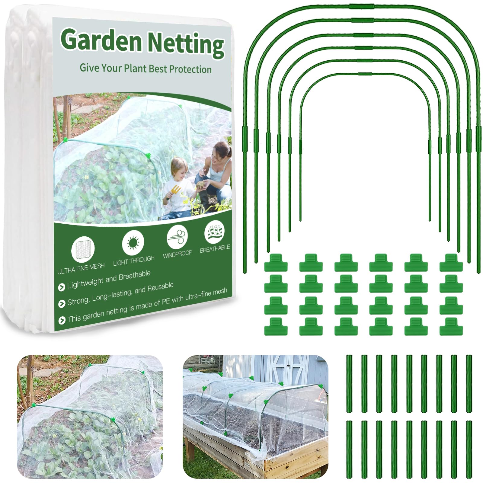 Garden Netting Kit for Raised Beds, 8x20ft Garden Netting Mesh with 6 Sets Garden Hoops (2FT Wide) & 24 Clips, Garden Mesh Netting Kit Row Cover for Plant, Garden Protection, Birds Animals Barrier